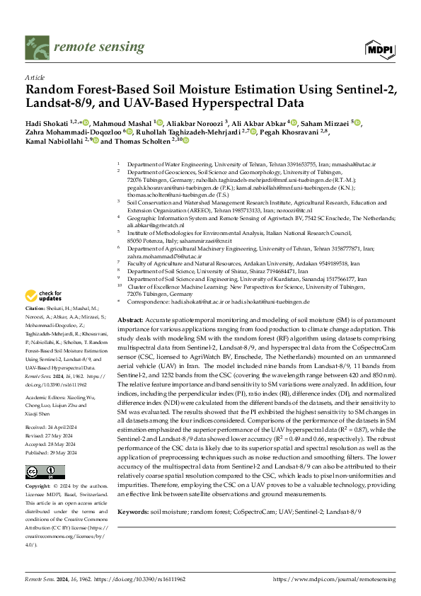 (PDF) Random Forest-Based Soil Moisture Estimation Using Sentinel-2, Landsat-8/9, and UAV-Based ...
