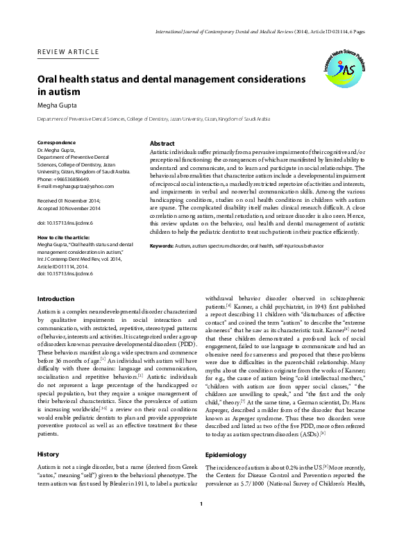 (PDF) Oral health status and dental management considerations in autism