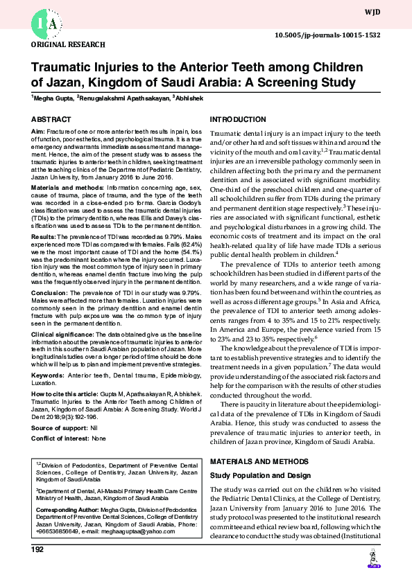 (PDF) Traumatic Injuries to the Anterior Teeth among Children of Jazan ...
