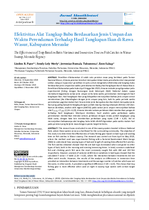 (PDF) Efektivitas Alat Tangkap Bubu Berdasarkan Jenis Umpan dan Waktu ...