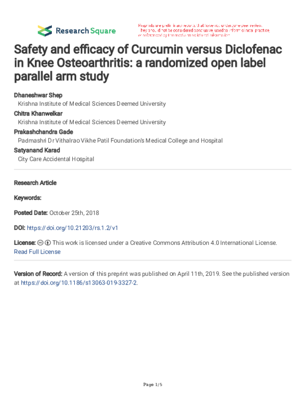 (PDF) Safety and efficacy of Curcumin versus Diclofenac in Knee ...