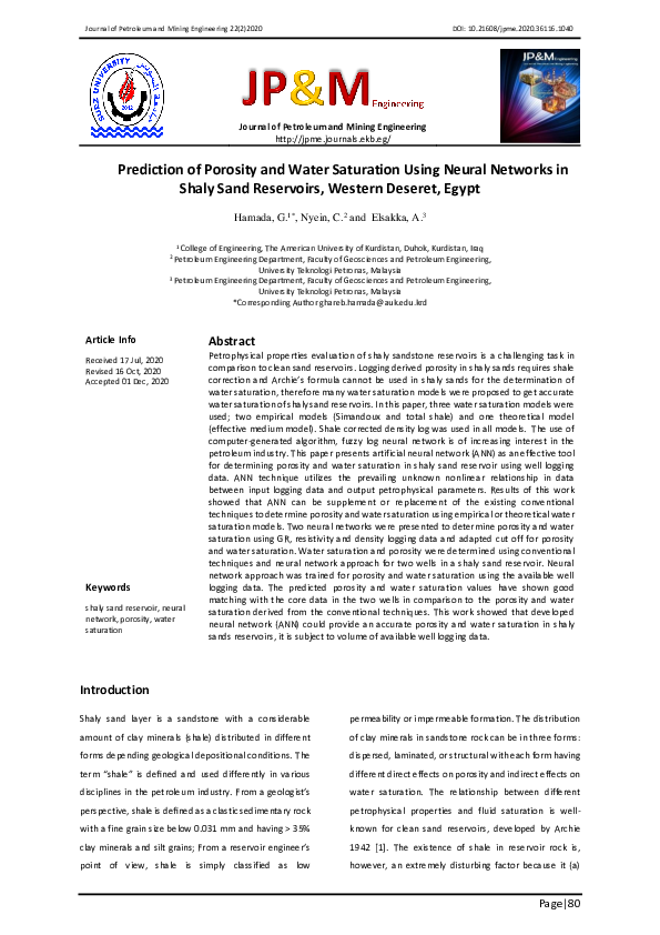 Pdf Prediction Of Porosity And Water Saturation Using Neural Networks In Shaly Sand Reservoirs