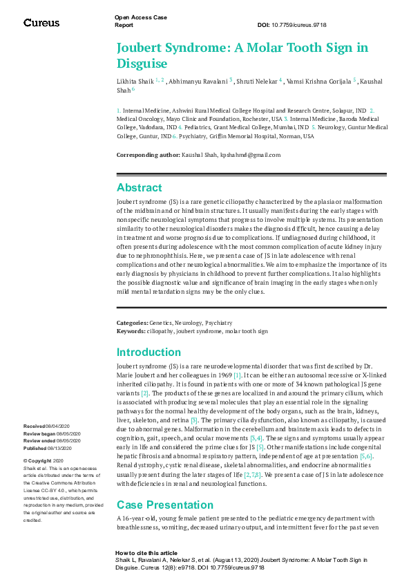 (PDF) Joubert Syndrome: A Molar Tooth Sign in Disguise