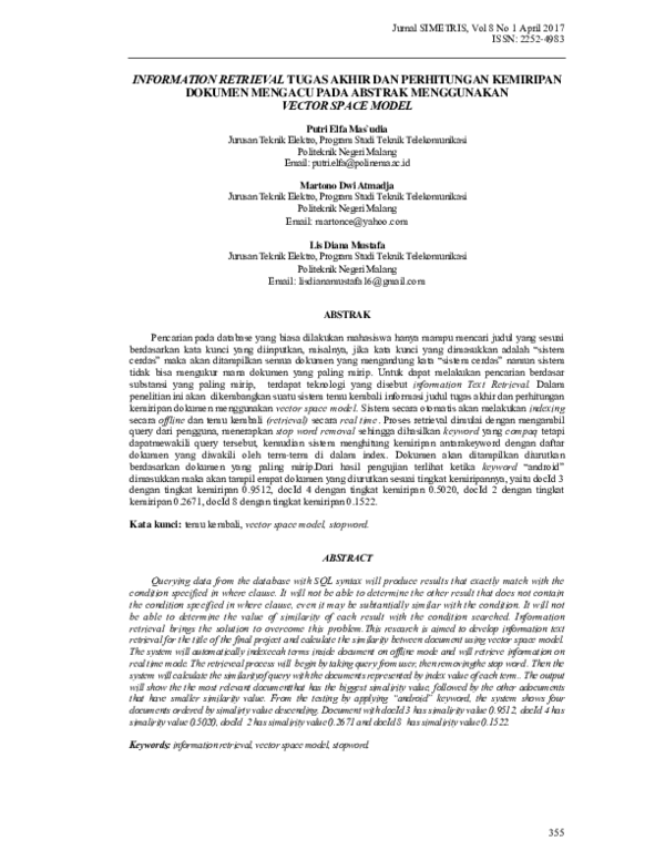 (PDF) Information Retrieval Tugas Akhir Dan Perhitungan Kemiripan Dokumen Mengacu Pada Abstrak ...