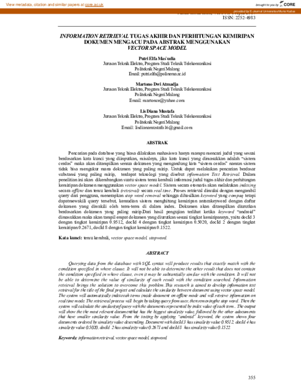 (PDF) Information Retrieval Tugas Akhir Dan Perhitungan Kemiripan Dokumen Mengacu Pada Abstrak ...