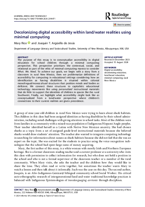 (PDF) Decolonizing digital accessibility within land/water realities using minimal computing