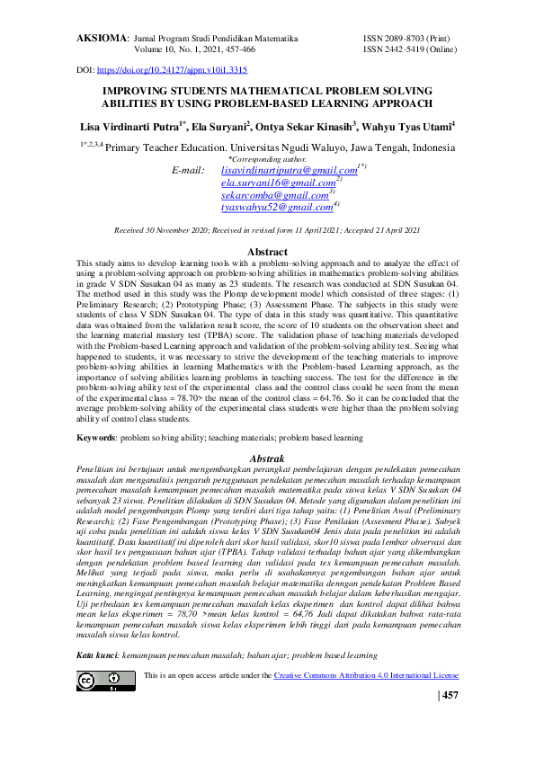 (PDF) Improving Mathematical Problem Solving Abilities of the Student with the Problem-Based ...