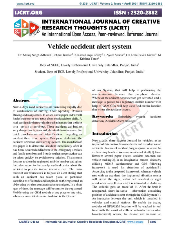 (PDF) Vehicle Accident Alert System