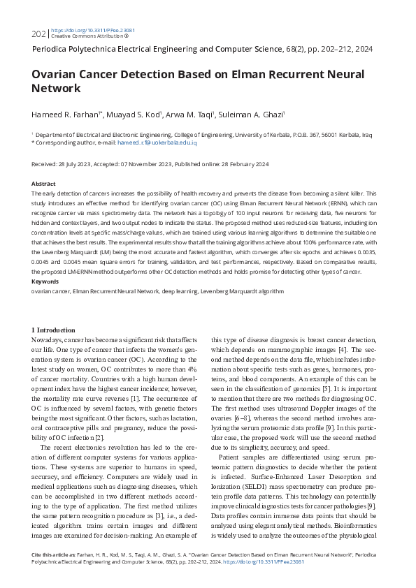 (PDF) Ovarian Cancer Detection Based on Elman Recurrent Neural Network