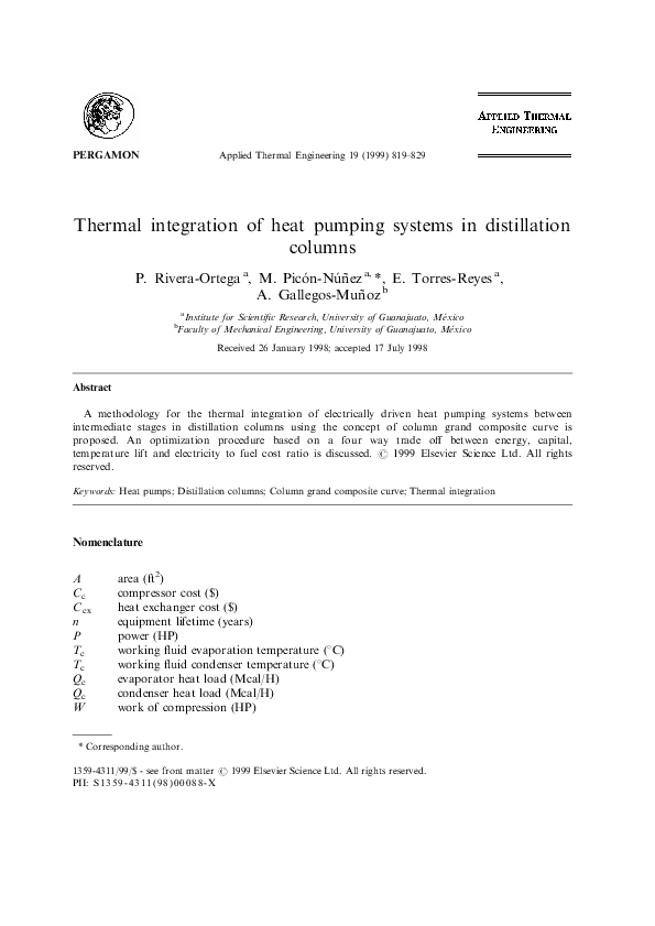 (PDF) Thermal integration of heat pumping systems in distillation columns