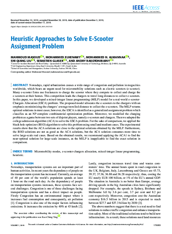 (PDF) Heuristic Approaches to Solve E-Scooter Assignment Problem | Andry Rakotonirainy ...