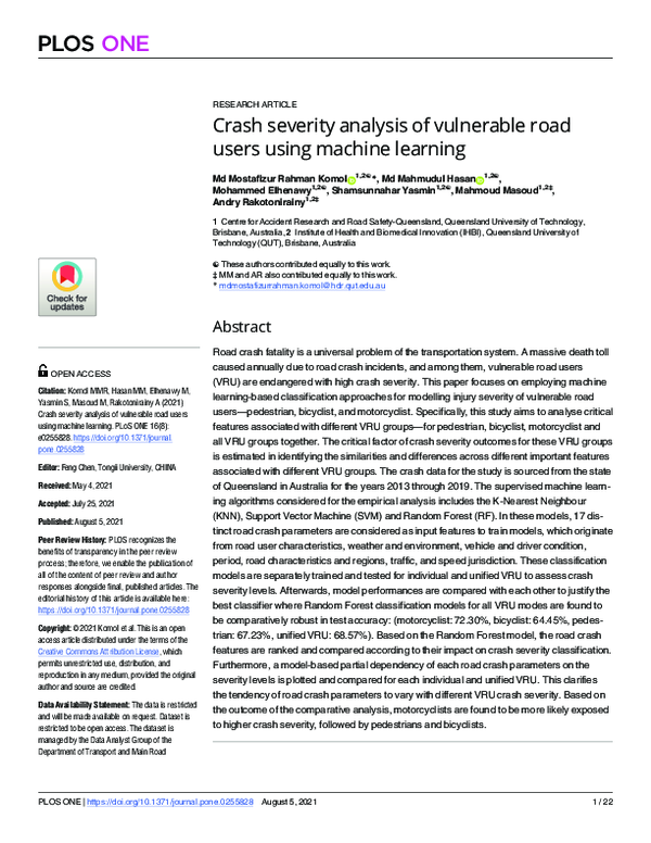 Pdf Crash Severity Analysis Of Vulnerable Road Users Using Machine Learning