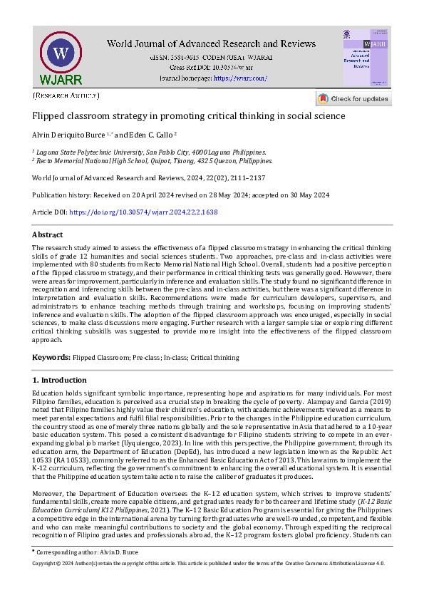 (PDF) Flipped classroom strategy in promoting critical thinking in social science