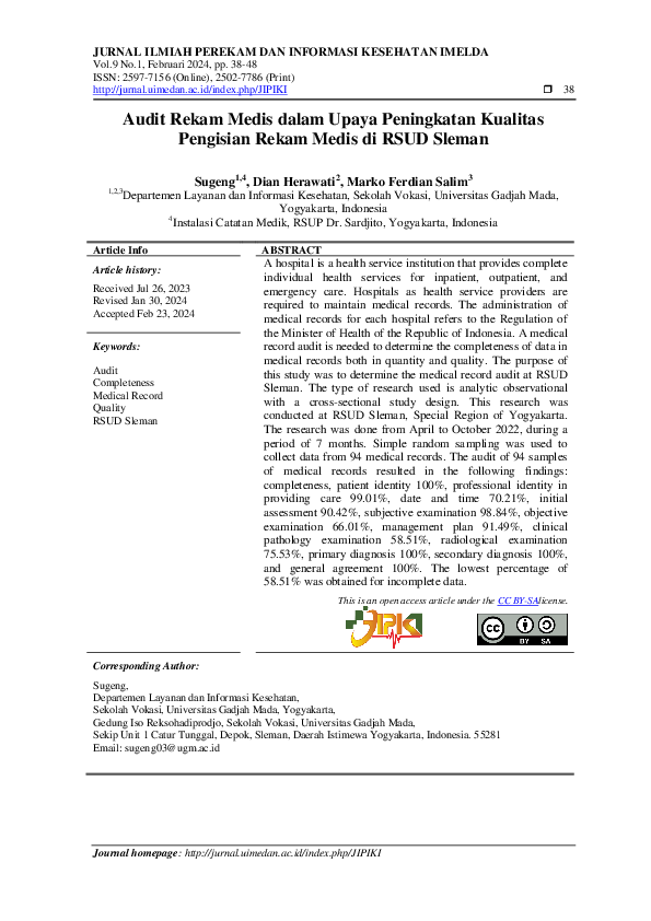 (PDF) Audit Rekam Medis dalam Upaya Peningkatan Kualitas Pengisian Rekam Medis di RSUD Sleman