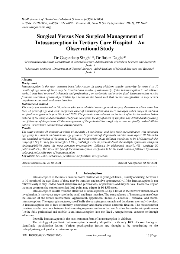 (PDF) Surgical Versus Non Surgical Management of Intussusception in ...