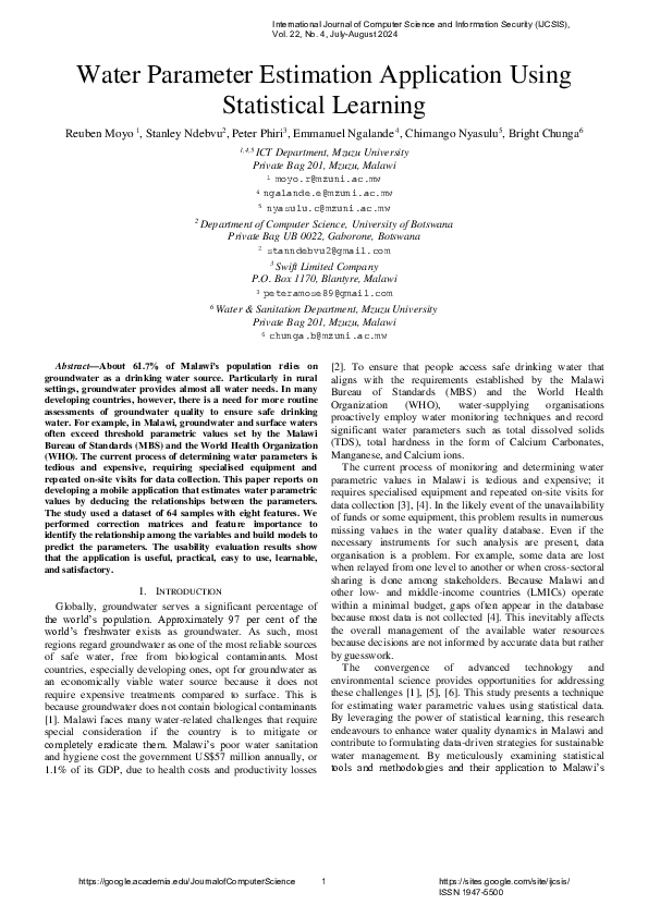 (PDF) Water Parameter Estimation Application Using Statistical Learning