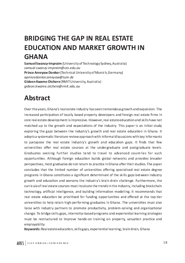 (PDF) Bridging the Gap in Real Estate Education and Market Growth in Ghana