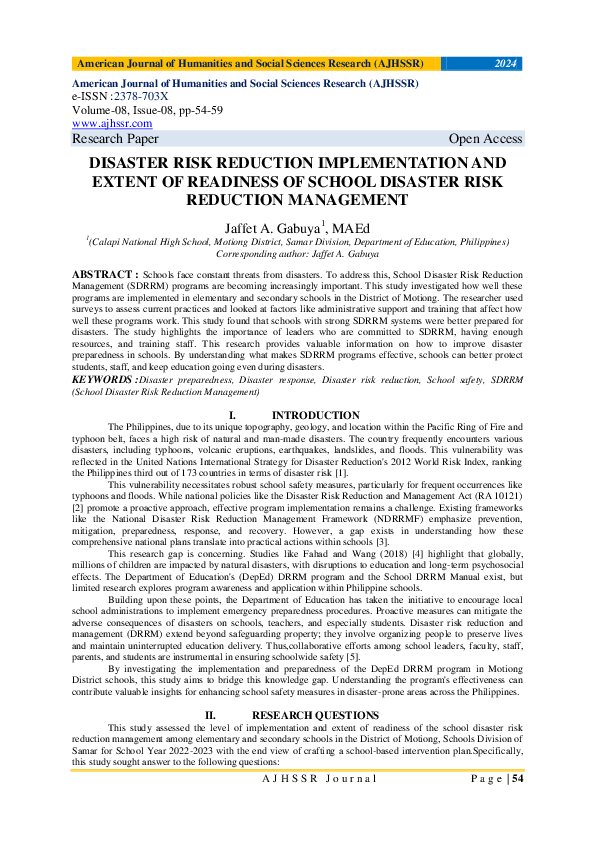 (PDF) DISASTER RISK REDUCTION IMPLEMENTATION AND EXTENT OF READINESS OF ...