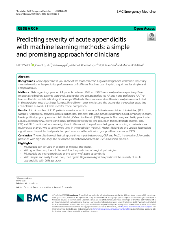 (PDF) Predicting severity of acute appendicitis with machine learning methods: a simple and ...