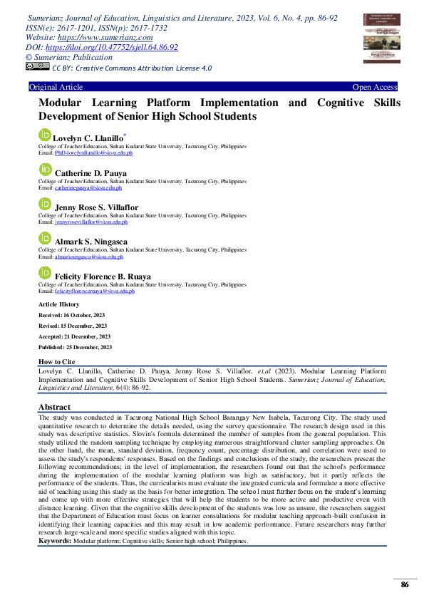 (PDF) Modular Learning Platform Implementation and Cognitive Skills Development of Senior High ...