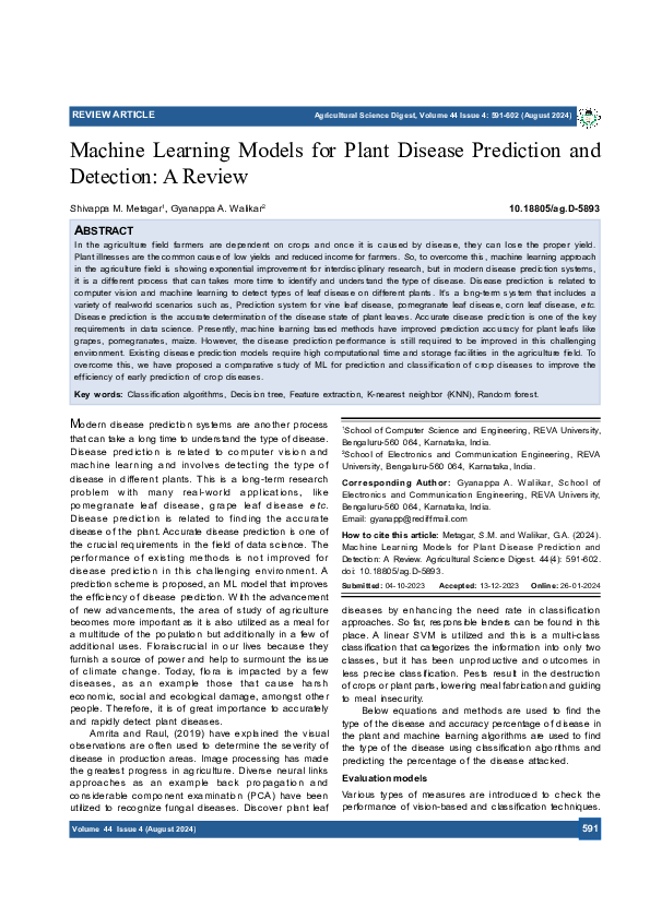 (PDF) Machine Learning Models for Plant Disease Prediction and Detection: A Review
