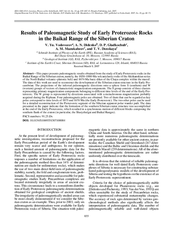 (PDF) Results of paleomagnetic study of Early Proterozoic rocks in the ...