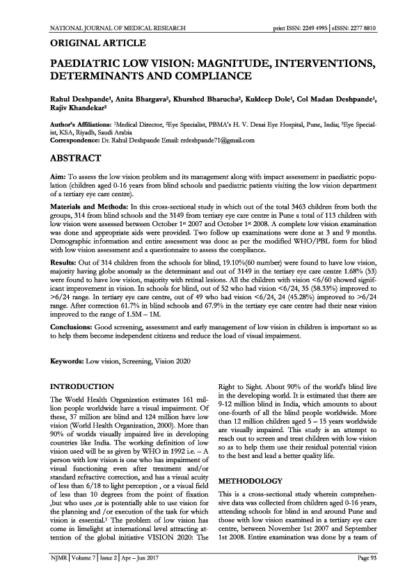 (PDF) PAEDIATRIC LOW VISION: MAGNITUDE, INTERVENTIONS, DETERMINANTS AND ...