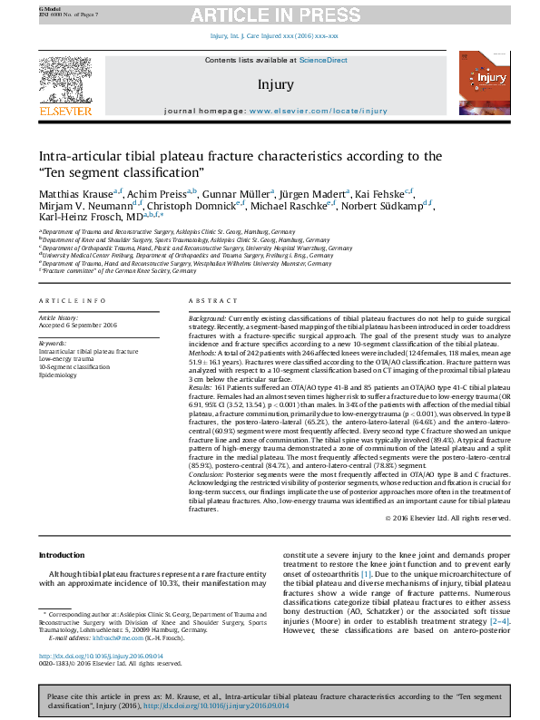 (PDF) Intra-articular tibial plateau fracture characteristics according ...