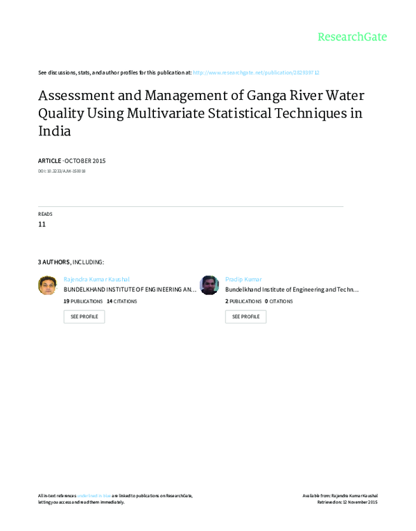 (PDF) Assessment and Management of Ganga River Water Quality Using Multivariate Statistical ...