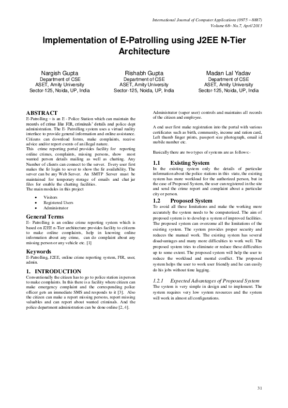 (PDF) Implementation of e-patrolling using J2EE N-Tier Architecture