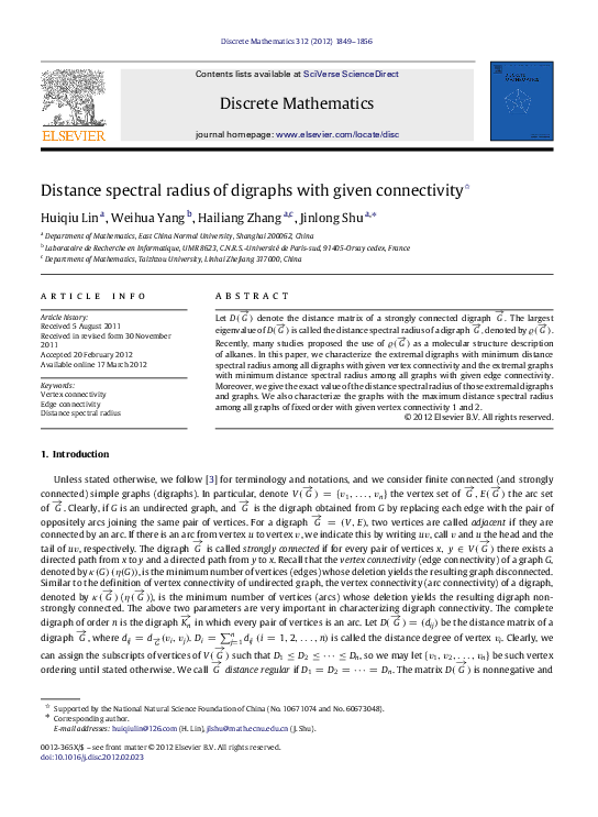 (PDF) Distance spectral radius of digraphs with given connectivity