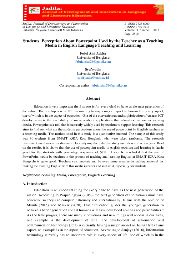 (PDF) Students' Perception About Powerpoint Used by the Teacher as a Teaching Media in English ...