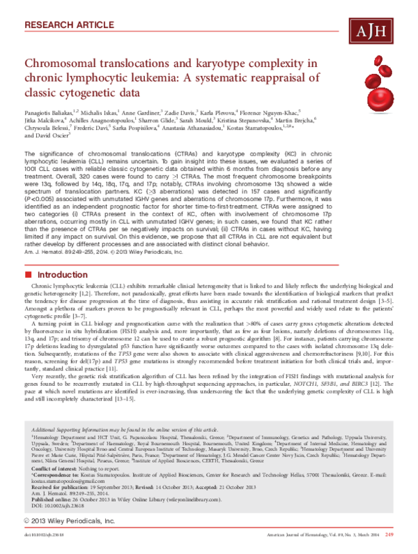 (PDF) Chromosomal translocations and karyotype complexity in chronic lymphocytic leukemia: A ...