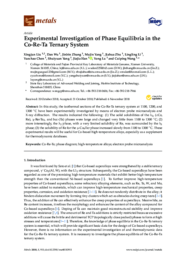 (PDF) Experimental Investigation of Phase Equilibria in the Co-Re-Ta ...