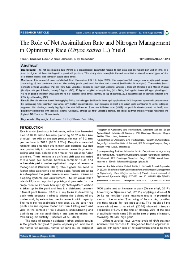 (PDF) The Role of Net Assimilation Rate and Nitrogen Management in ...