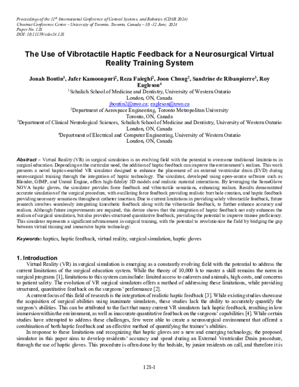 (PDF) The Use of Vibrotactile Haptic Feedback for a Neurosurgical Virtual Reality Training System