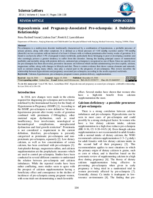 (PDF) Hypocalcemia and Pregnancy-Associated Pre-eclampsia: A Dubitable ...