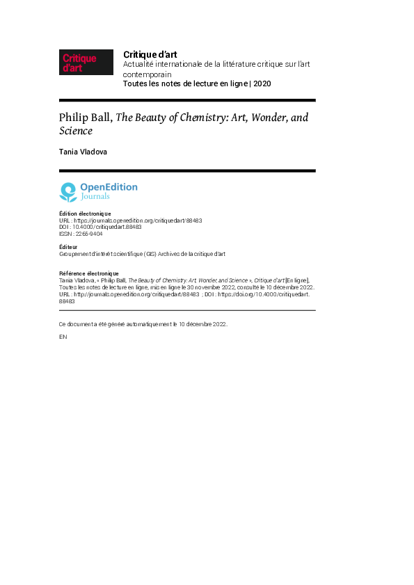 (PDF) Philip Ball, The Beauty of Chemistry: Art, Wonder, and Science
