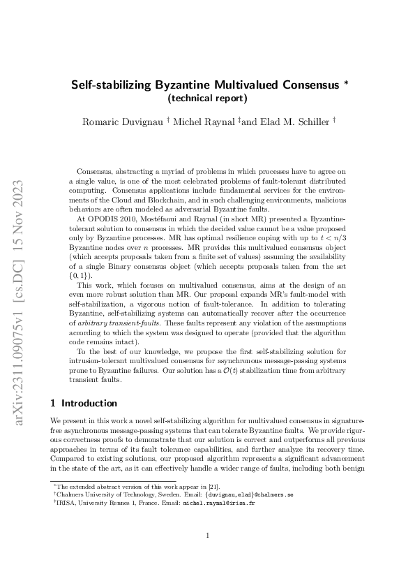 (PDF) Self-stabilizing Byzantine Multivalued Consensus