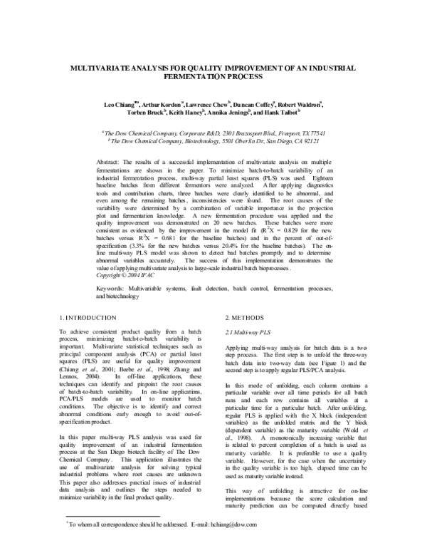 (PDF) Multivariate Analysis for Quality Improvement of an Industrial Fermentation Process