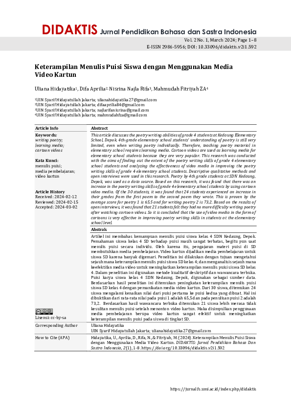 (PDF) Keterampilan Menulis Puisi Siswa dengan Menggunakan Media Video Kartun | Mahmudah Fitriyah ...