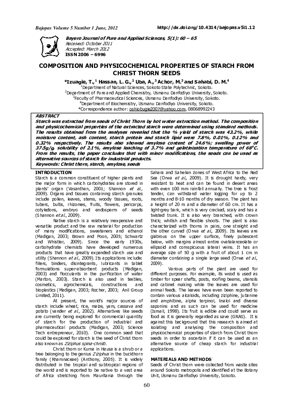 (PDF) Composition and Physicochemical Properties of Starch from Christ Thorn Seeds