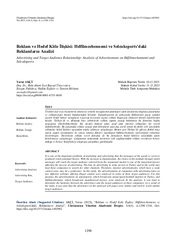 (PDF) Reklam ve Hedef Kitle İlişkisi: Hdfilmcehennemi ve Selcuksports ...