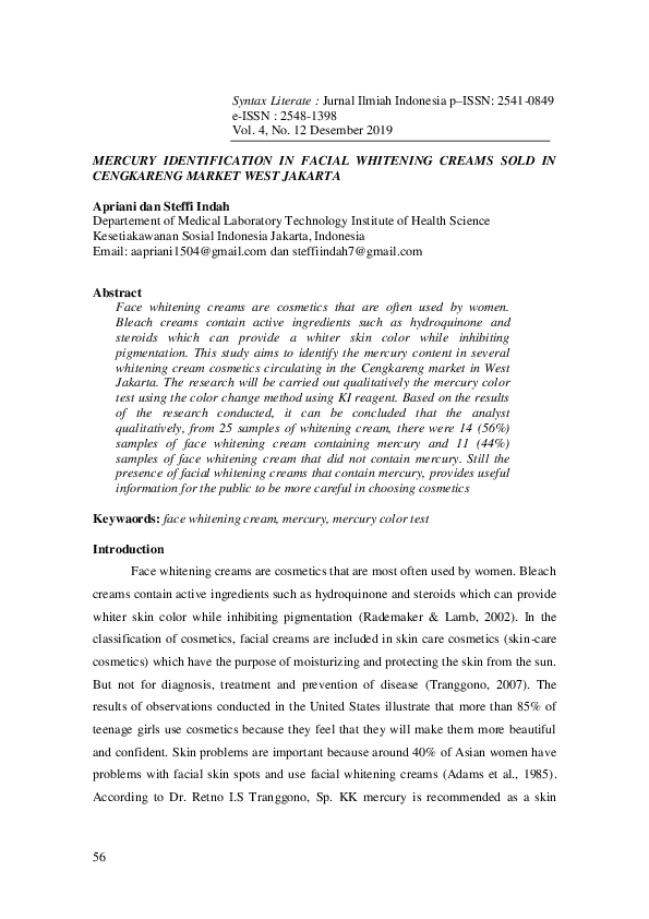 (PDF) Mercury Identification In Facial Whitening Creams Sold In ...