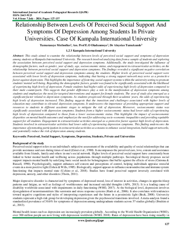 (PDF) Relationship Between Levels Of Perceived Social Support And Symptoms Of Depression Among ...
