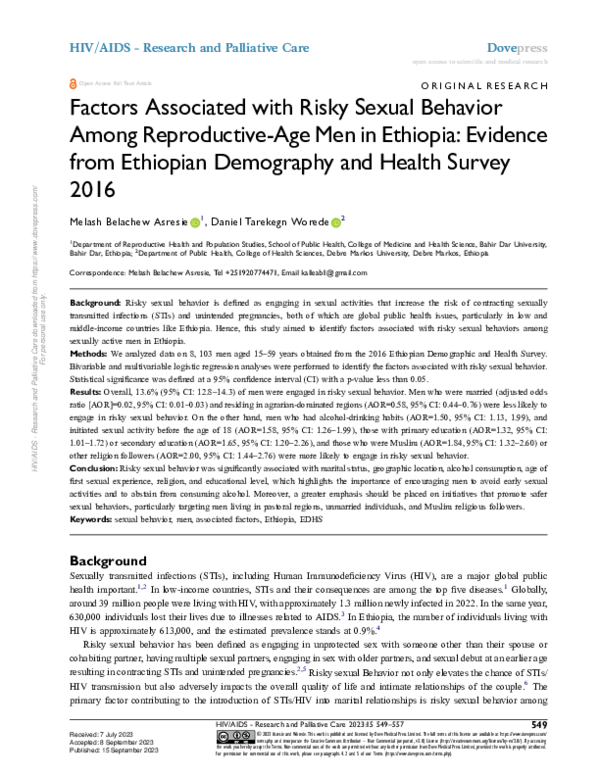 Pdf Factors Associated With Risky Sexual Behavior Among Reproductive 9077