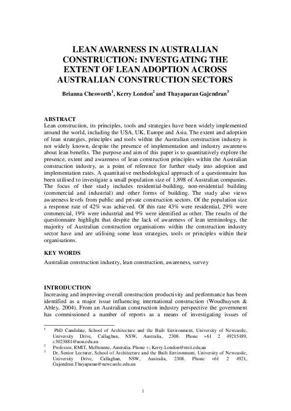 (PDF) Lean Awarness in Australian Construction: Investigating the ...