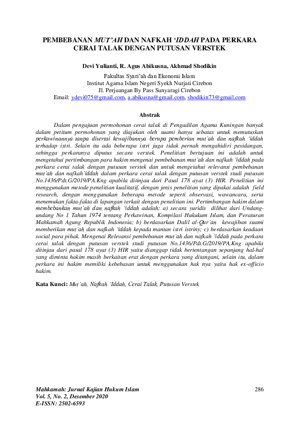 (PDF) Pembebanan Mut’Ah Dan Nafkah ‘Iddah Pada Perkara Cerai Talak Dengan Putusan Verstek