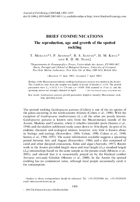 (PDF) The reproduction, age and growth of the spotted rockling