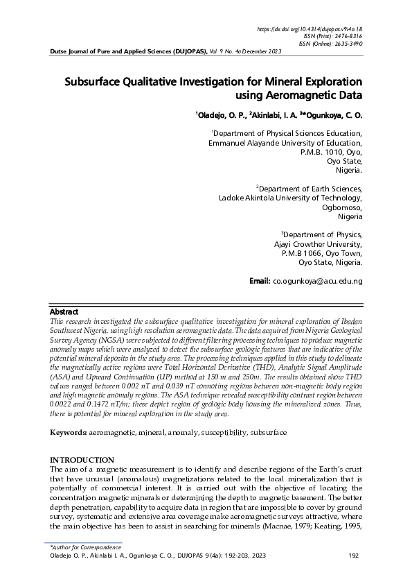 Pdf Subsurface Qualitative Investigation For Mineral Exploration Using Aeromagnetic Data